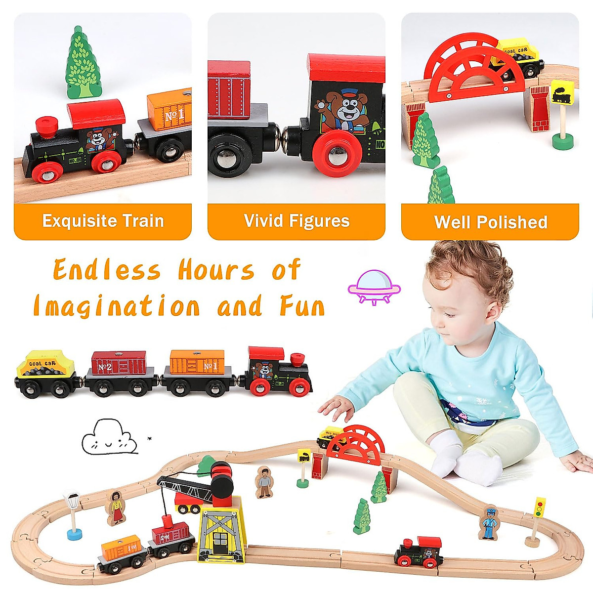 Qilay Wooden Train Set for Toddler - 39 Pcs Wooden Train Tracks with Crane, Bridge & 5 Wooden Trains - Train Toys for 3,4,5 Year Old Boys & Girls - Fit All Major Bands Train Tracks Set