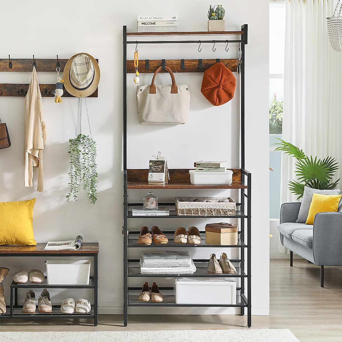 IBUYKE Coat Rack Shoe Rack, 4 in 1 Multi-Function Hall Tree with Slant Adjustable Shoe Storage, 5-Tier Storage Shelf and 9 Hooks Removable, Industrial Accent Furniture for Entryway, UTXJ008H