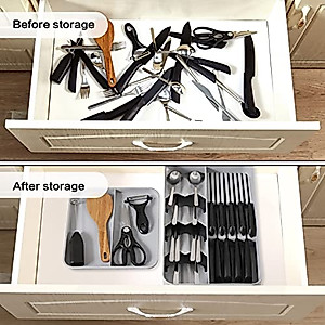 RYOOJNM Kitchen Silverware Organizer,Expandable Double Layer Knife Drawer Organizer,Compact Utensil Organizer for Partition kitchen Gadgets - Holds 9 Knives/24 Forks