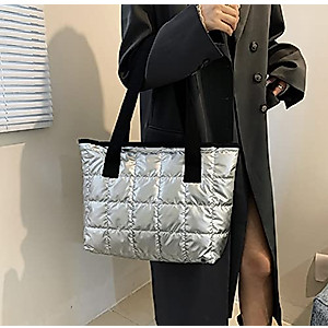 Women Light Weight Puffer Quilted Tote Winter Handbag Shoulder Bag (Silver)