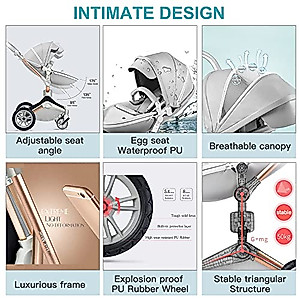 Hot Mom Baby Stroller 360 Degree Rotation Function, Pu Leather Baby Bassinet and Seat Combo Pushchai & Pram, Grey