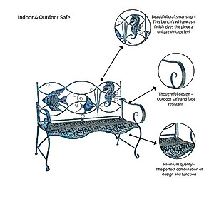 Cape Craftsmen Evergreen Weatherproof Blue Fish Coastal Outdoor Bench | Holds Up to 440 lbs | Furniture for Lawn Garden Patio Porch Park Deck | Coastal Nautical Beach Décor | Steel | Blue