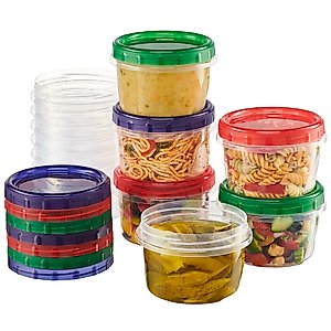 ELEGANT DISPOSABLES Twist Top Food Storage Containers 16 oz 12 Pack Plastic Freezer Storage Containers Leakproof Reusable with Screw on Colored Lids