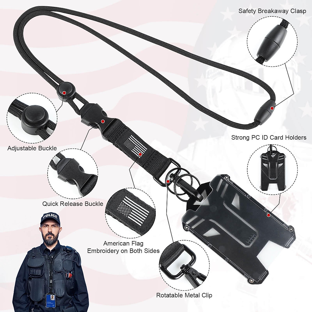 DAYGOS Hard Plastic Badge Holder, Tactical ID/Credit Holder with Heavy Duty Breakaway Neck Lanyard, Detachable Card Holder Lanyards for Keys, Offices, Cruise, School (Black, Holds 1 to 6 Cards)