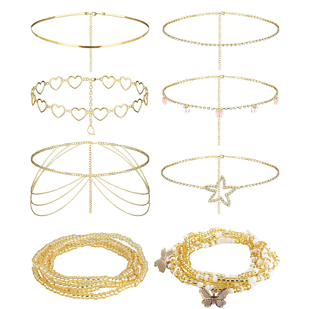 JOERICA 8Pcs Belly Chain for Women Adjustable Boho Multilayer Waist Chain Tassel Butterfly Heart Pendent Rhinestone Belly Chains Waist Beads Summer Beach Bikini Waist Body Jewelry Gold