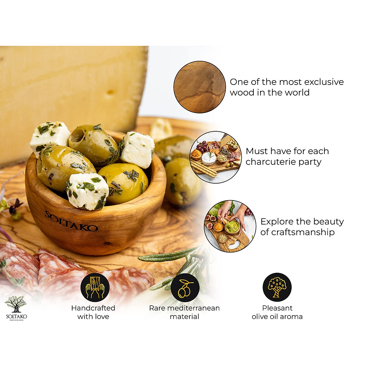 SOLTAKO 4 mini dip bowls set of olive wood - tapas bowls set - small Mediterranean bowl for olives & BBQ sauces - dip bowl for - Ø 6 c