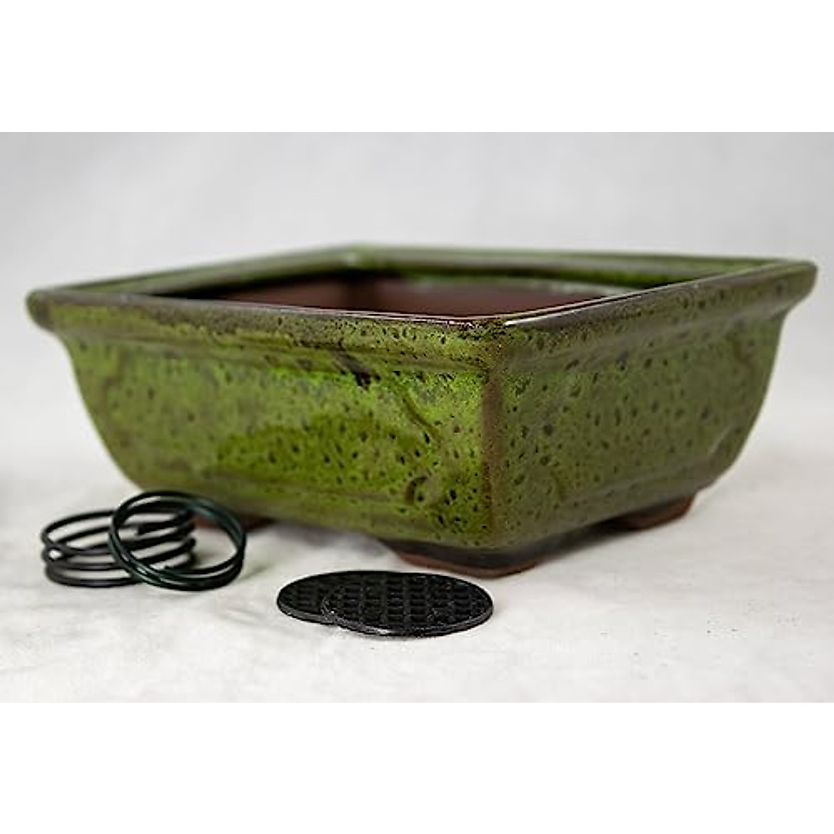 Rectangular Shohin Bonsai Pot, Cactus & Succulent Planter 6"x 4.5"x 2.25" w/Mesh & Wire - Moss Green
