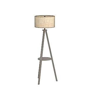 ELYONA Tripod Floor Lamp for Living Room Solid Wood Floor Lamp with Table - Farmhouse Shelf Tall Reading Standing Light with Drum Shade for Bedroom, Office, Study Room, 9W LED Bulb Included, Grey