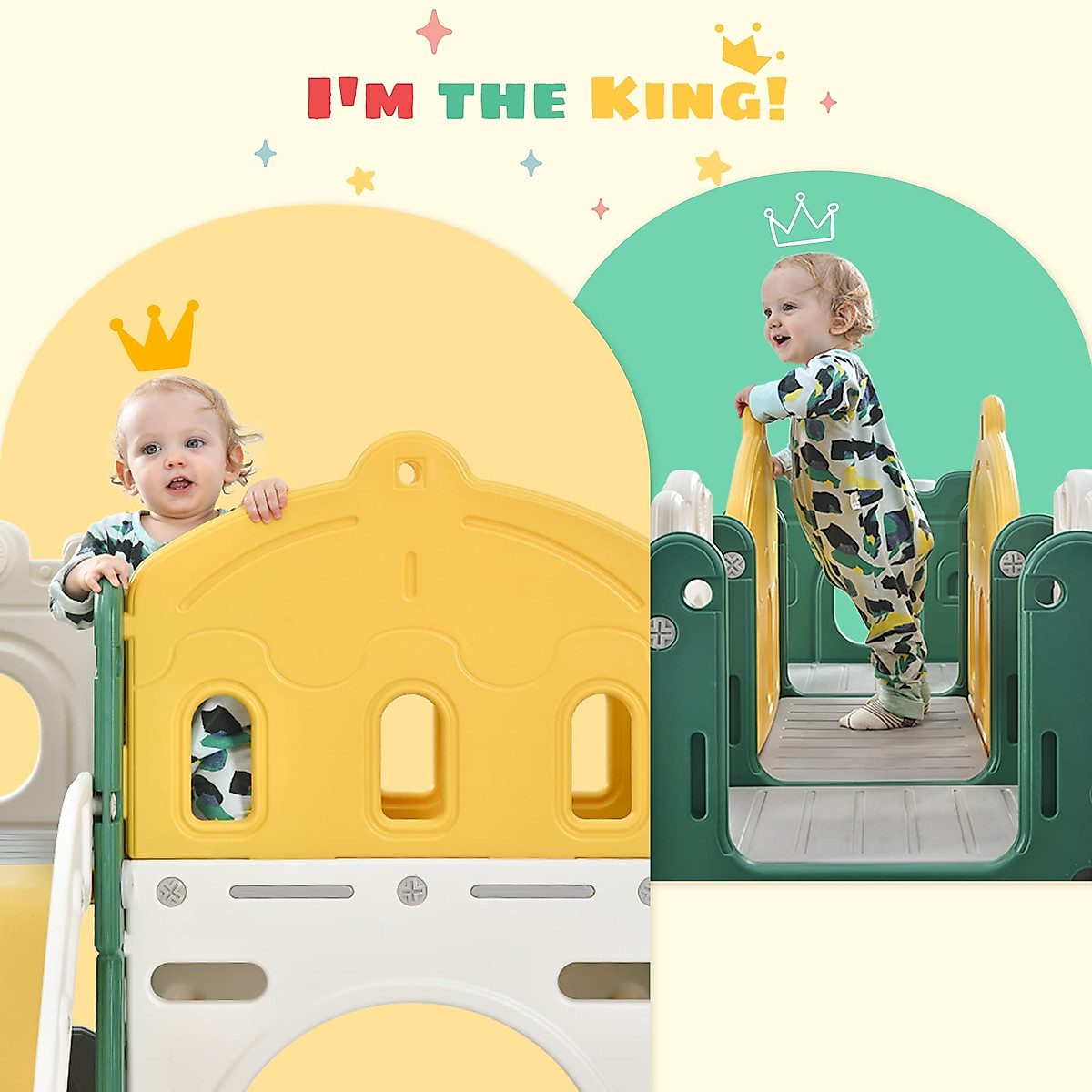 Merax 6-in-1 Kids Slide with Climber, Basketball Hoop, Tunnel and Storage Space, Outdoor Indoor Slide Playset for Toddlers Age 1+