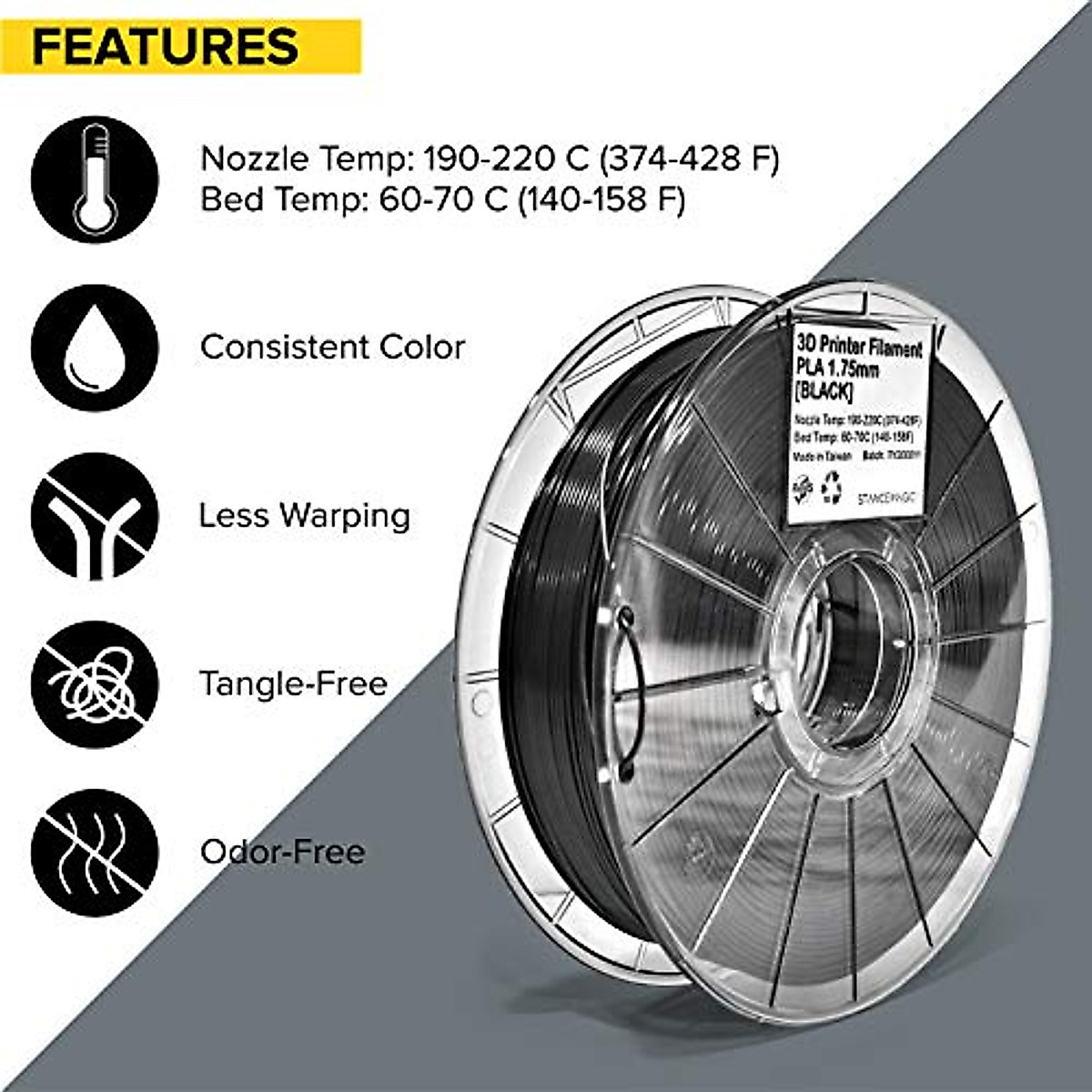 StanceMagic Black 3D Printer Filament 1.75mm PLA for 3D Printers, FDM Printers, 3D Pens, 0.8kg (1.75lbs) Pack