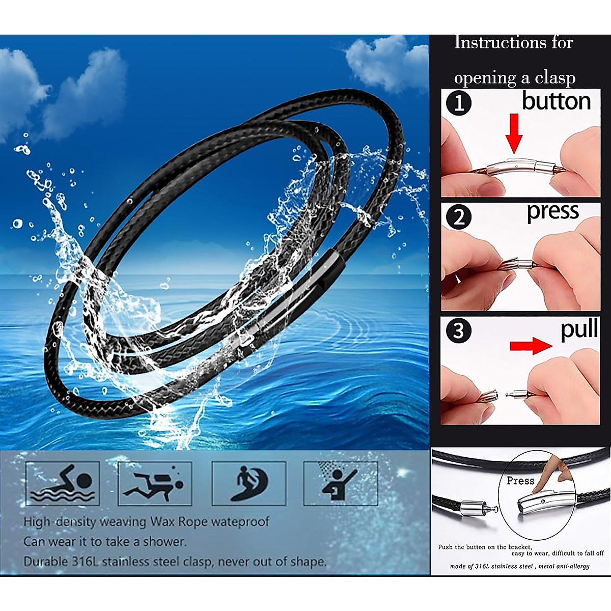 Findout 2mm black Waterproof Braided Leather Necklace Wax Rope Chain For Men, Waterproof Braided Leather, No Gemstone