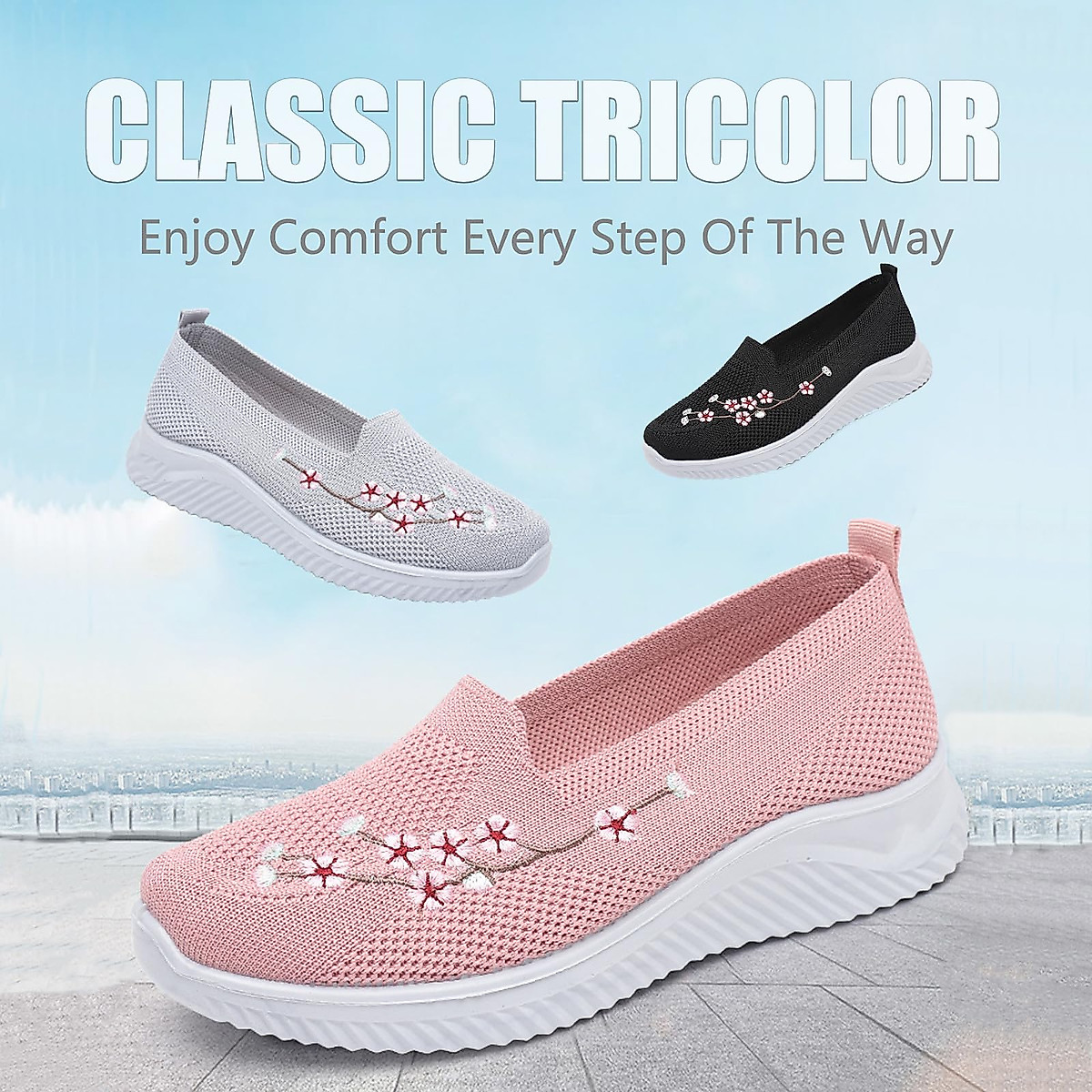 Lymphvity Women's Flower Embroidered Mesh Slip On Walking Shoes Height Fashion Wedge Increasing Loafers Sneakers Non Slip Memory Foam Mom Walking Nurse Shoes (7,Pink)