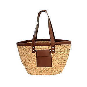 YAHUAN Woven Straw Bag Seagrass Tote Handbag with Leather Pocket Handmade Beach Bag for Women for Shopping & Vacation (Original)