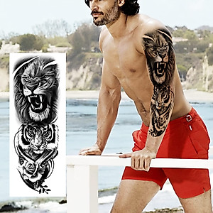PADOUN Animal Temporary Tattoo Sleeve, 8-Sheet Large Temporary Tattoos Women Full Sleeve Temporary Tattoos, Wolf Lion Tiger Tattoos for Adults Men Waterproof Black
