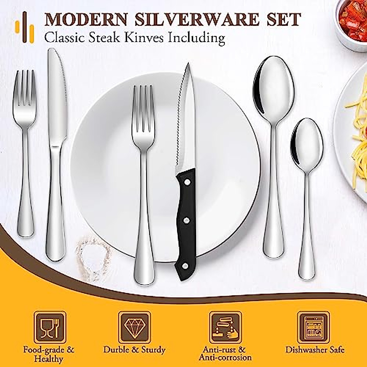 24 Piece Silverware Set, Flatware Utensils Set with Steak Knives for 4, Stainless Steel Cutlery Eating Tableware Set, Include Fork Kinfe Spoon, Mirror Polished, Dishwasher Safe