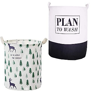 CAM2 Laundry Baskets 22"×16" Collapsible Waterproof Cotton Linen Foldable Laundry Hampers Storage Bin Organizer Baskets with Handles for Clothes, Toy, Nursery（Plan+Deer）