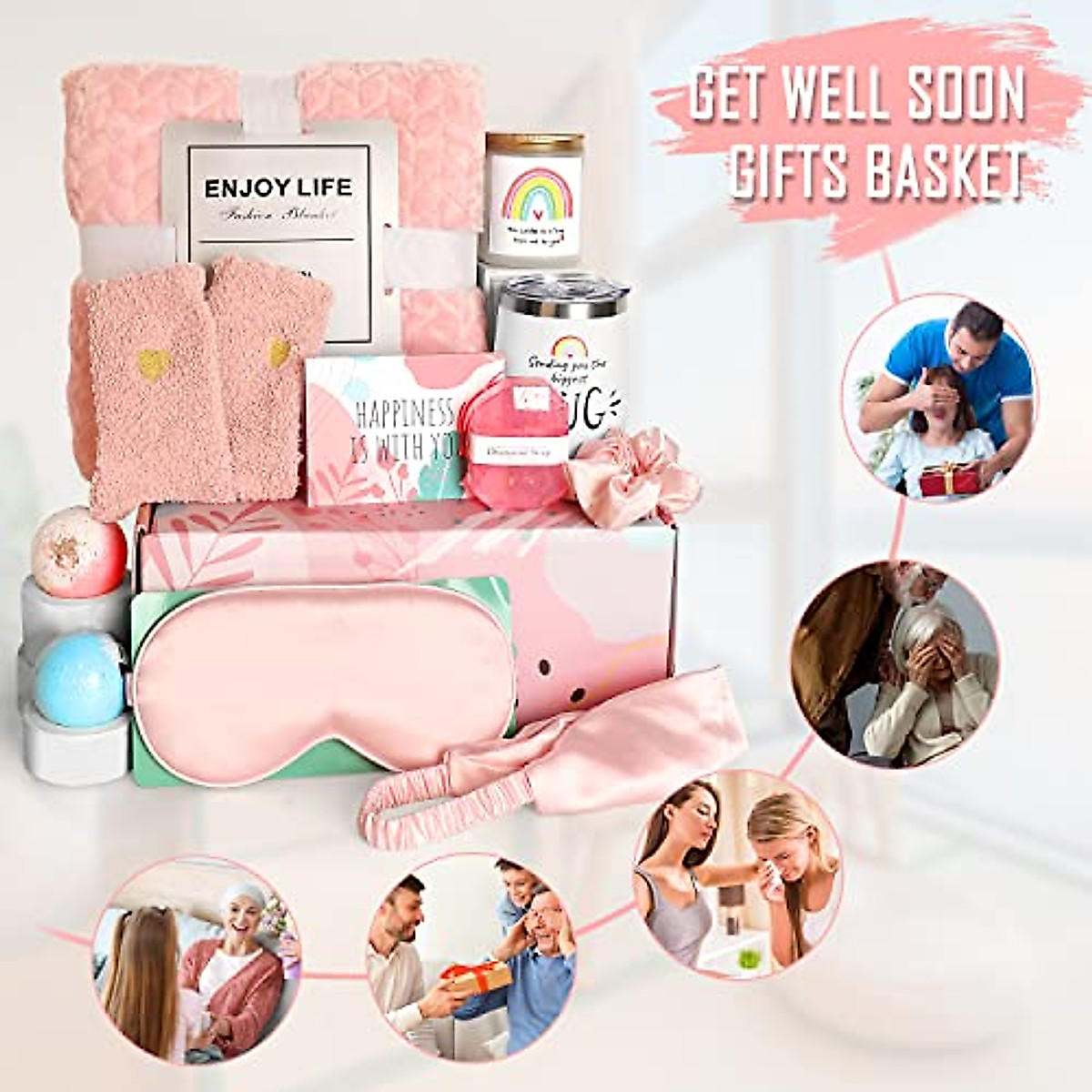 Get Well Soon Gifts for Women, 11 Pcs Care Package Gift Feel Better Get Well Basket After Surgery Recovery Self Care Gift Thinking of You Box with Blanket Tumbler for Women Sick Friends(Pink)