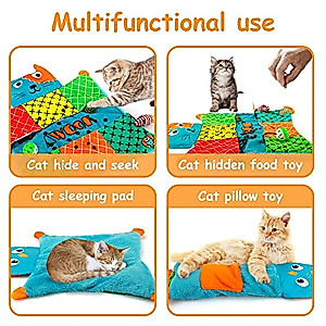 AWOOF Cat Mat, Cute Soft Catnip Mat, Cat Activity Mat Machine Washable Catnip Toys Interactive Cat Toys for Indoor Cats, Self-Warming Crinkle Mat Cat Blanket for Small Medium Large Cats with 7 Pockets