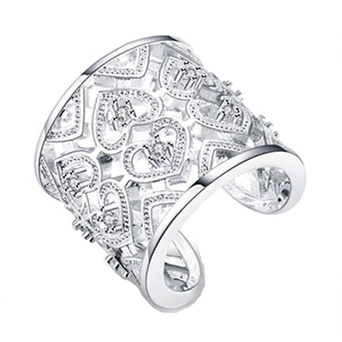 Naivo Retro Europe Style Rose Gold Plated Hollow Hears White Zircon Resizable Band Ringe (silver)