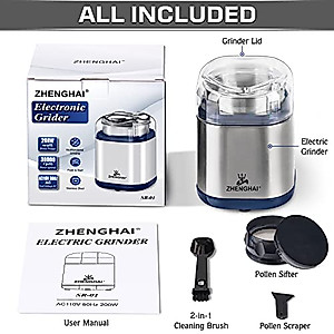 ZHENGHAI Electric Herb Grinder 200w Spice Grinder Compact Size, Easy On/Off, Fast Grinding for Flower Buds Dry Spices Herbs, with Pollen Catcher and Cleaning Brush (Stainless Steel & Blue)