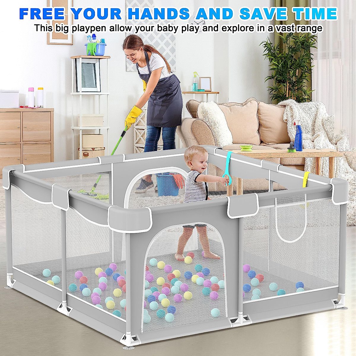 Baby Playpen, Playpen for Babies with Breathable Mesh and Zipper Gates, Indoor & Outdoor Play Pens for Kids Activity Center with Anti-Slip Base, Sturdy Safety Playpen, Kid's Fence for Infants