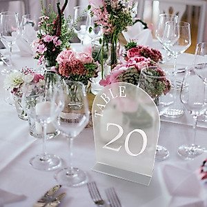 Table Numbers 1-20 with Display Stand, Acrylic Sheets with White Printed Calligraphy Number and Frosted, Arch Shape Design for Party Decor, Wedding Reception, Anniversary, & Other Event Guest Seating