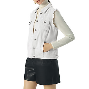 ebossy Women's Candy Color Slim Fit Sleeveless Distressed Denim Jean Vest Jacket (Large, White)