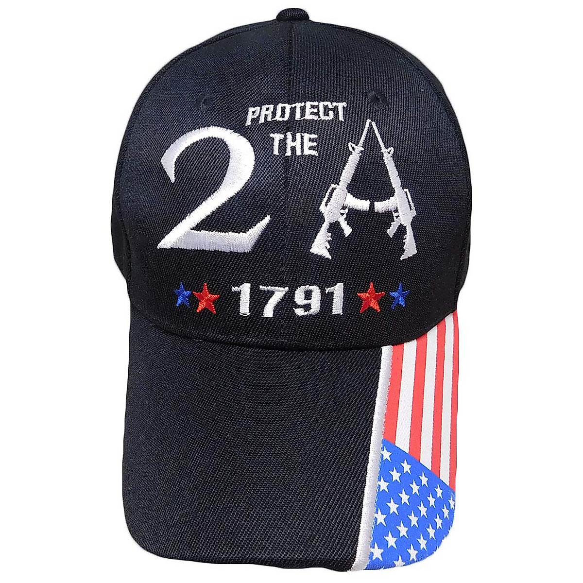Protect The 2A 2nd Amendment 1791 USA Flag On Bill Embroidered Black Cap Hat