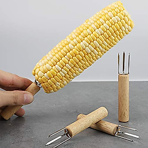 YellRin Corn Holders Set of 10 Stainless Steel Corn on The Cob Holders Fruit Forks with Wood Handle for Home Cooking and BBQ Twin Prong Sweetcorn Holders