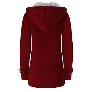 JiangWu Womens Fashion Horn Button Fleece Thicken Coat with Hood Winter Warm Jacket (XX-Large, Wine-red)