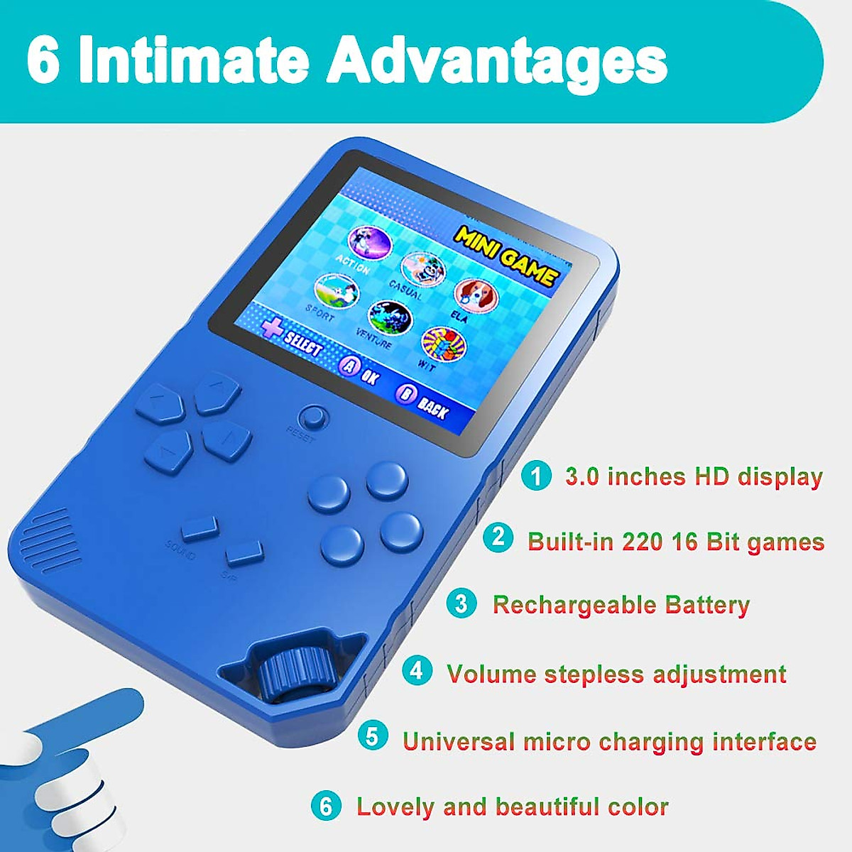 Douddy 16 Bit Handheld Game Console for Kids Adults Built in 220 HD Classic Electronic Games 3.0 Inches Screen USB Rechargeable Seniors Arcade Entertain Player (Blue)