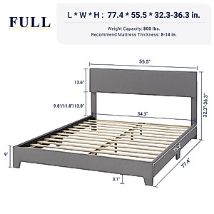 Allewie Full Size Bed Frame with Adjustable Headboard, Upholstered Platform Bed with Wood Slats, Heavy Duty Mattress Foundation, No Box Spring Needed, Noise-Free, Easy Assembly, Light Grey
