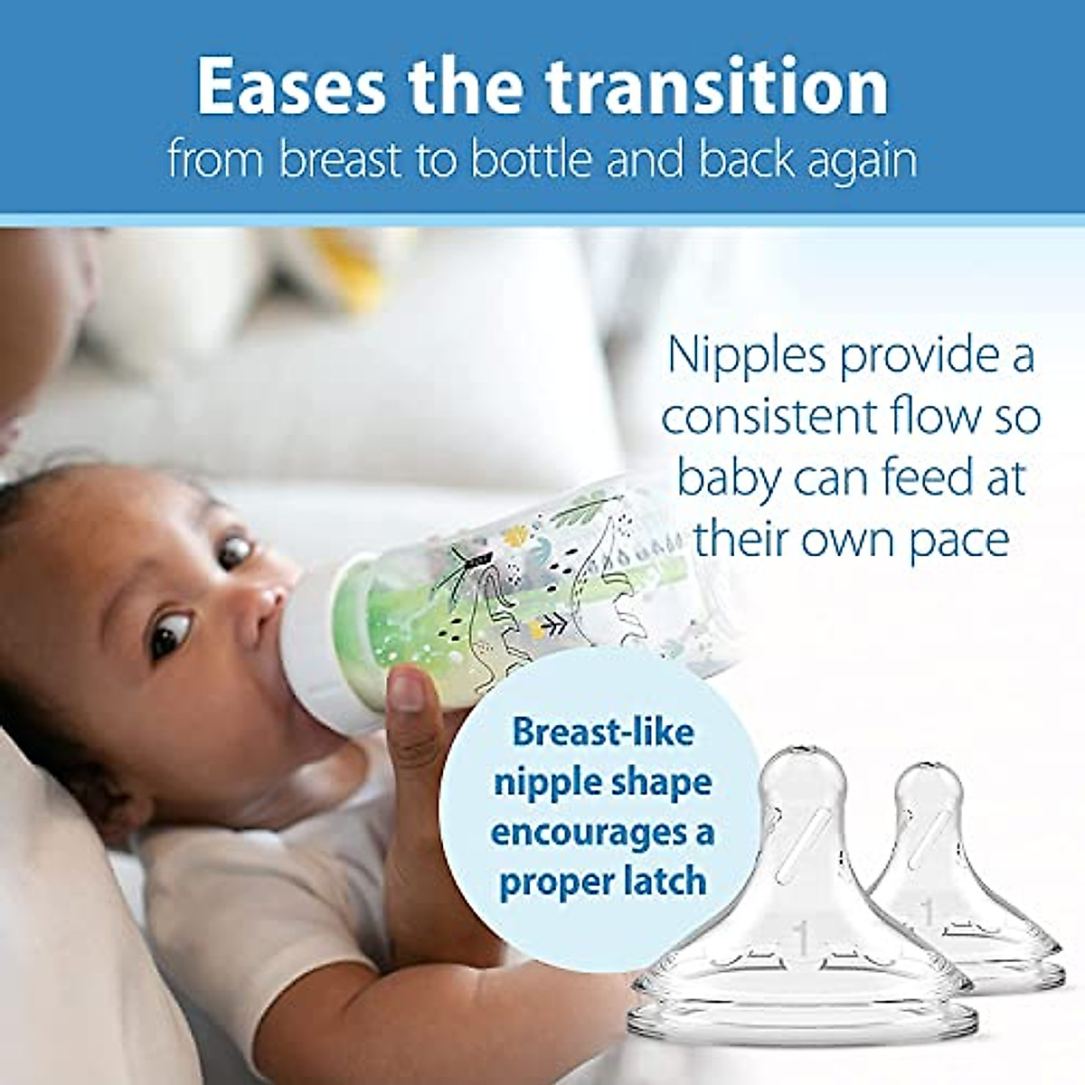 Dr. Brown’s Wide-Neck Baby Bottle Dinosaur Designer Bottles, 9 oz/270 mL, 2-Pack with HappyPaci Pacifiers and Lovey Holder, Triceratops