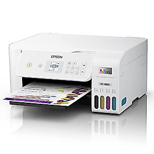 Epson EcoTank ET-2803 All-In-One Wireless Supertank Color Inkjet Printer, White - Print Scan Copy - 1.44" LCD Display, 10 ppm, 5760 x 1440 dpi, Borderless Photo Prints, Mobile Printing, USB Connection