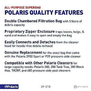 Polaris Genuine Parts 39-310 Double Chamber Gray Superbag Replacement Part For VacSweep Pressure-Side Pool Cleaner 3900 Sport, 280