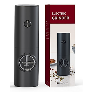 L & H Household Electric Pepper Salt Grier, Adjustable Coarseness, Battery Powered with LED Light, One Ha 3D Pattern Push Buttun Operation, ABS Black-1PC, 55*50*180MM (KYMQ-14)