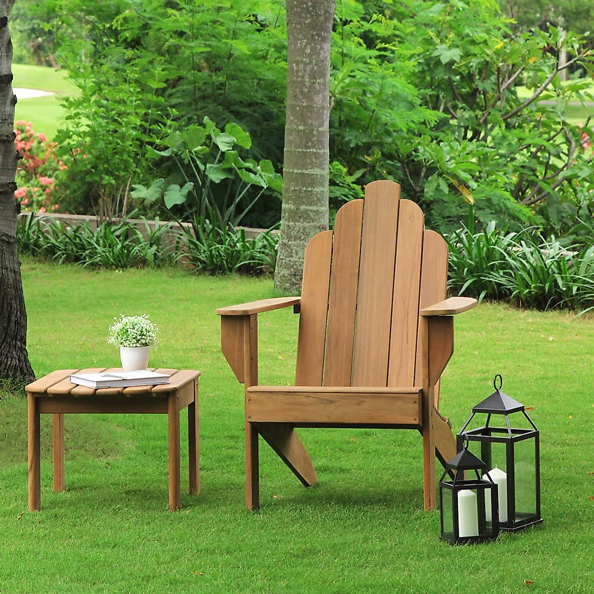 Cambridge Casual Lakeside Teak Wood Patio Adirondack Fire Pit Lounge Chair, Natural Teak, Set of 2