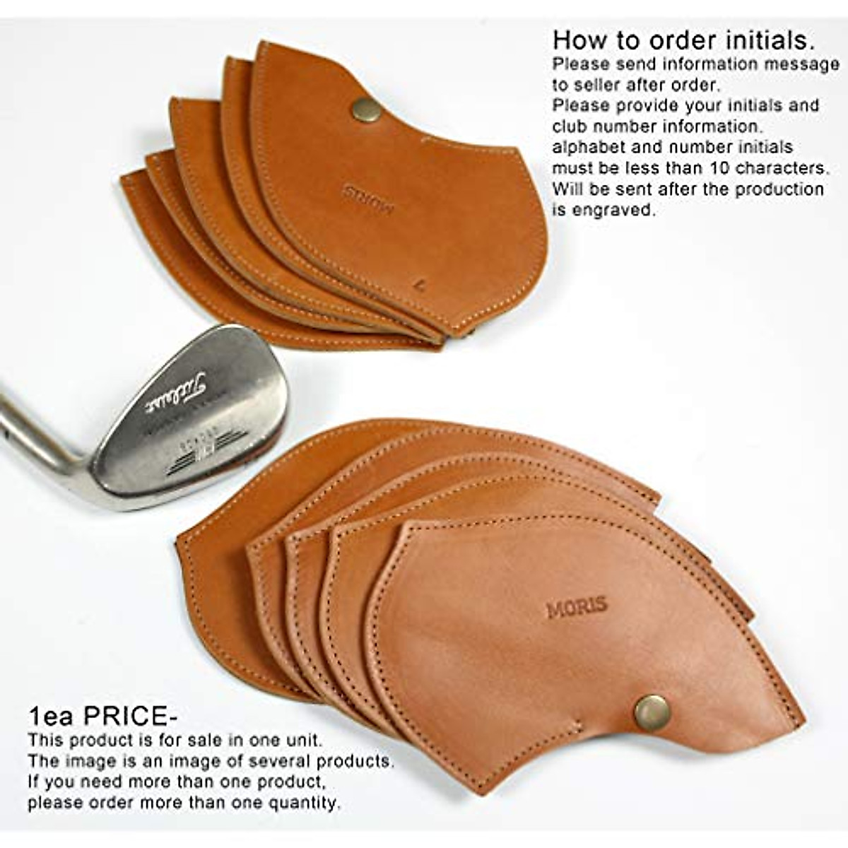 moriskorea Golf Club Head Cover (10pcs) Custom Initial Wedge Iron Protective Cowhide Full Grain Vegetable Leather Fit All Brands Titleist, Callaway, Ping, Taylormade, Cobra Etc. 1 Set. (Black)