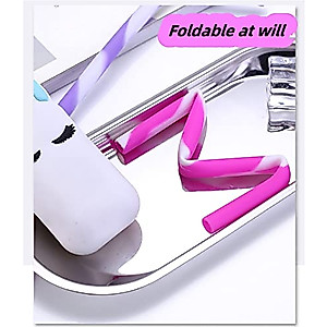 Collapsible Reusable Silicone Straws Portable Folding Drinking Straw Free with Travel Case & Cleaning Brush for Party Travel Household Cold or Hot Straws (B)