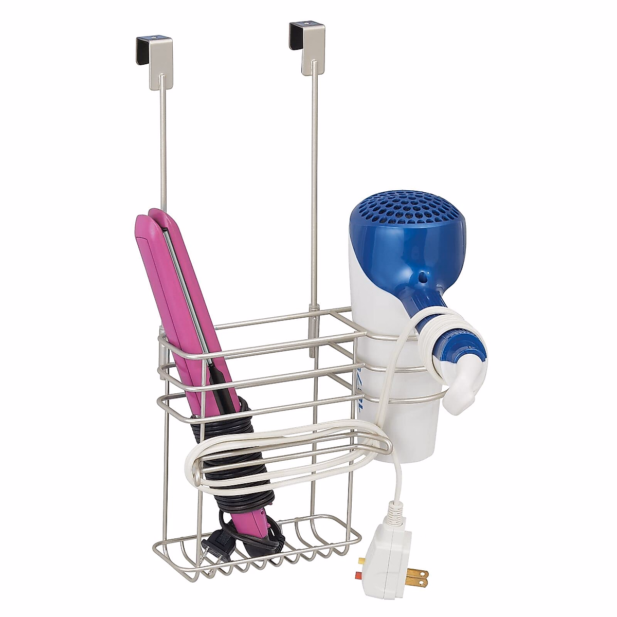 mDesign Metal Bathroom 2 Section Storage Tool Organizer Basket Tray - Hang Over Cabinet Door - Storage for Hair Dryer, Straightener, Curling Iron, Styling Products - Concerto Collection - Satin