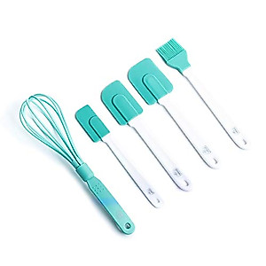 GreenLife Cooking Tools and Utensils, 5 Piece Nylon and Silicone Baking Set with Spatulas Wisk and Brush, Dishwasher Safe, Turquoise
