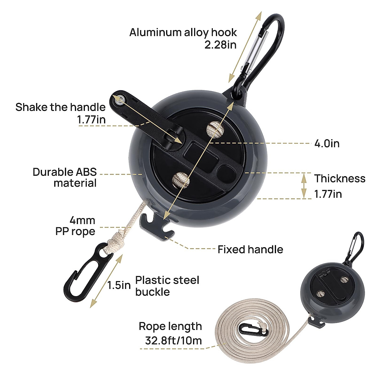 Zmains Retractable Clothesline Outdoor, Adjustable 32.8ft Travel Clothesline Portable Clothesline for Outdoor/Indoor Laundry Rope with 10pcs Stoppers 20pcs Windproof Clothespins 4pcs Hooks