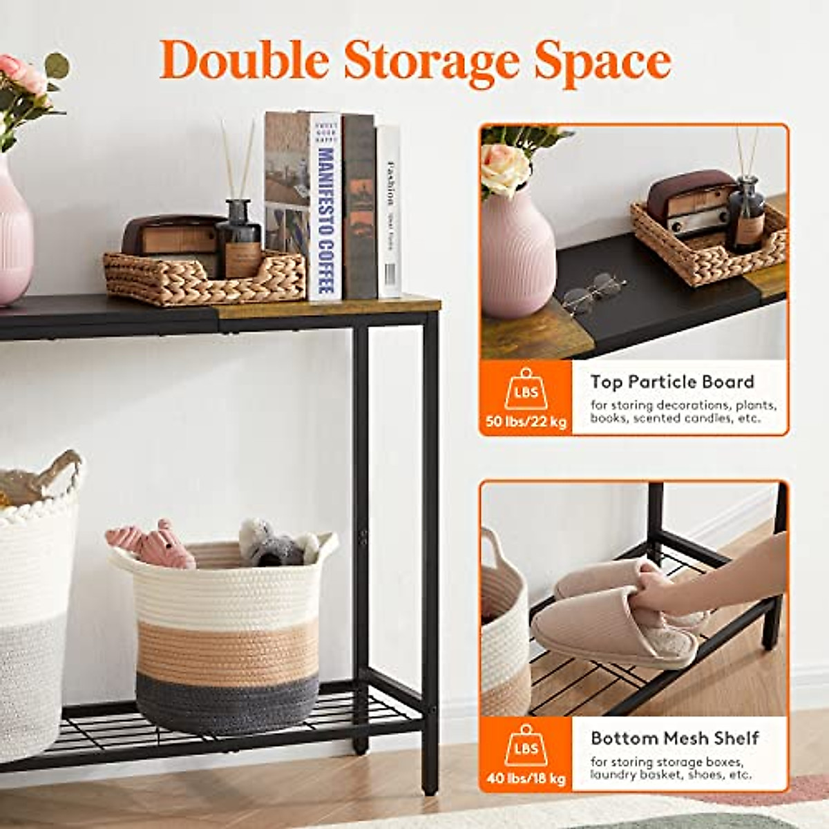 Lifewit 39.4" Console Entryway Table, 2-Tier Industrial Sofa Table with Storage Shelves for Hallway, Living Room,Bedroom, Metal Frame, Rustic Brown & Black, Easy Assembly