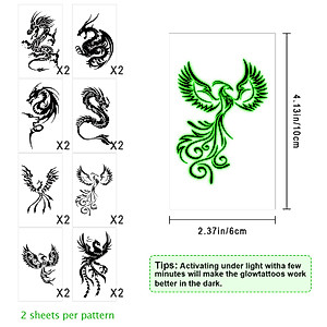 16 Sheets Luminous Dragon Phoenix Temporary Tattoos Glow in The Dark Dragon Birthday Party Decorations Supplies Favors for Kids Adults, Goodie Bag Fillers