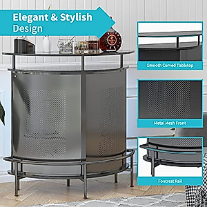 CECER Wine Bar Cabinet with 4 Tiers Storage | RGB LED Light Metal Mesh Industrial Buffet Coffee Counter with Red Wine Rack | Modern Iron＆Wood Mini Liquor Cabinet with Footrest for Home Black