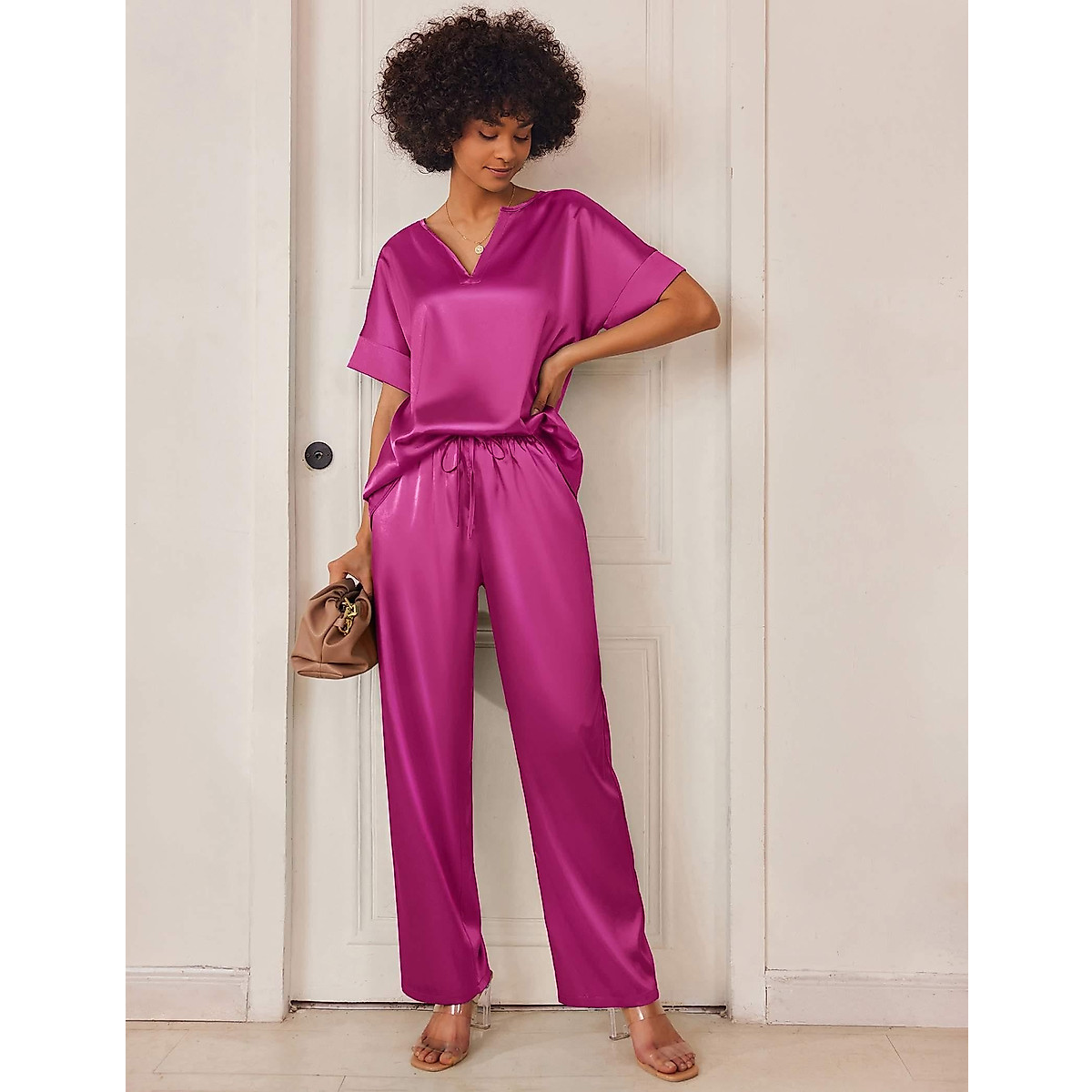 Ekouaer Satin Pajama Set Womens Silk Short Sleeve V Neck Shirt with Long Pant Soft Loungewear Pjs Set Plum