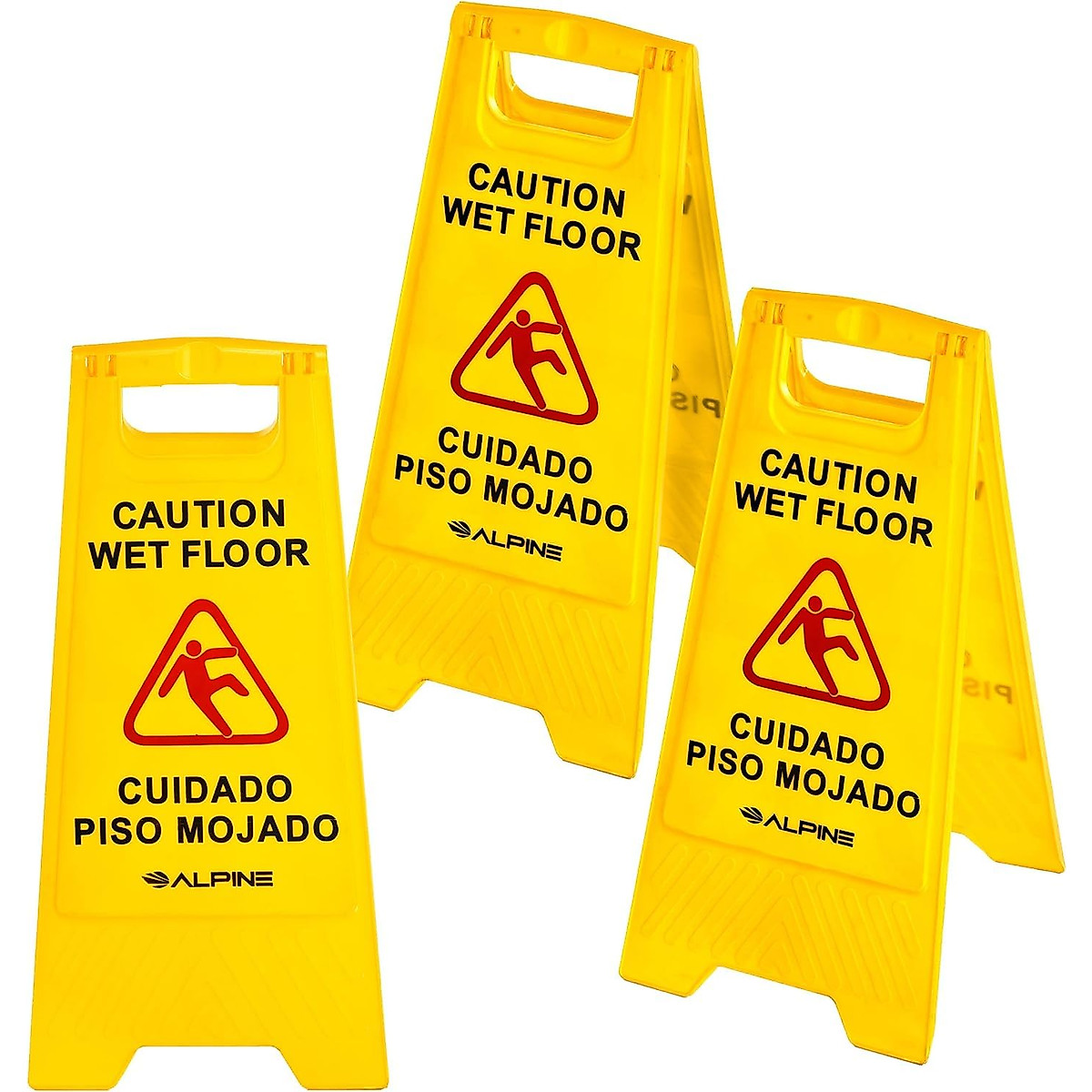 Alpine Wet Floor Signs 3 Pack - 24 Inch Caution Wet Floor Sign, High Visibility Yellow Slippery When Wet Sign - Bilingual Safety Warning Sign to Easily Avoid Slippery Accidents in High Traffic Areas