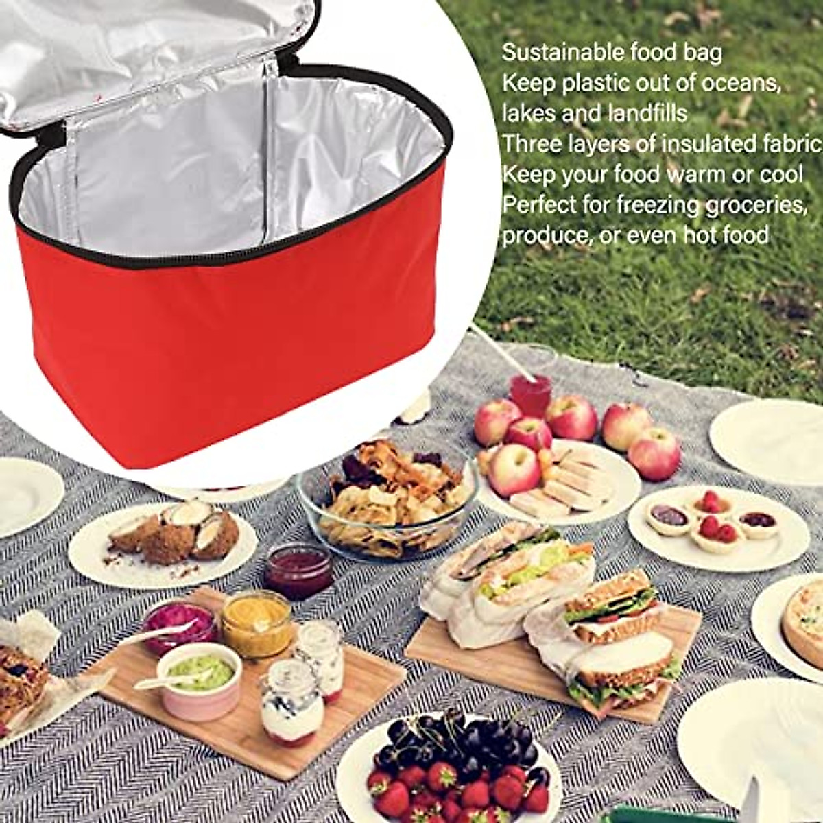 Aqur2020 Insulated Grocery Bag, Sustainable 3 Layers Large Capacity Food Transport Carrier Portable Reinforced Handles with Zipper for Camping (Red)