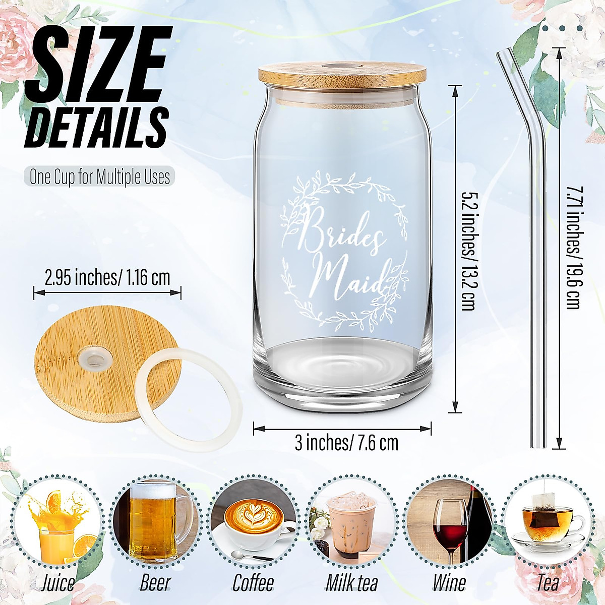 Tanlade 8 Pcs Bridesmaid Proposal Gifts 16 oz Glass Cups Maid of Honor Gift Mother of the Bride, Mother of the Groom, Matron of Honor Bridal Shower Gifts Tumbler Wedding Favors Bachelor Party Favors