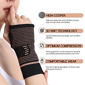 KEPHTELAN Wrist Brace for Carpal Tunnel Relief Night Support,Wrist Compression Sleeve (Pair)-Wrist Brace Right Left Hand for Working Out, Tendonitis, Women Men (Medium, Cooper)